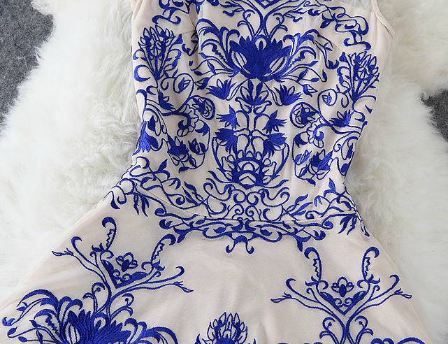 Blue And White Porcelain Sleeveless Dress Lace Embroidery on Luulla